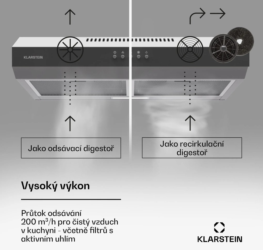 Klarstein Contempo 60, digestoř, 60 cm, podskříňková, 200 m³/h, LED, akryl, nerezavějící ocel