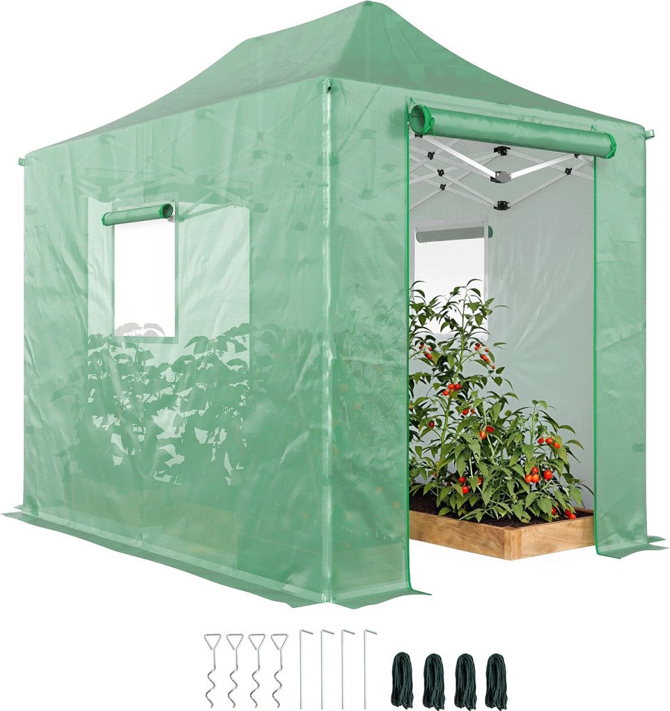 Outsunny skládací pop-up skleník 295 × 200 × 270 cm (PE tunel) se sedlovou střechou, rolovacími zip dveřmi a síťovanými okny — zelený | Aosom