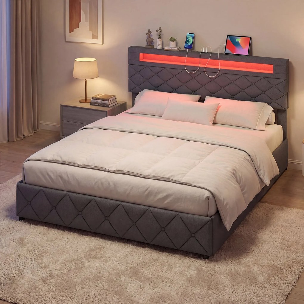 Costway Čalouněná postel s LED osvětlením Nabíjecí stanice (2 USB porty) Rám