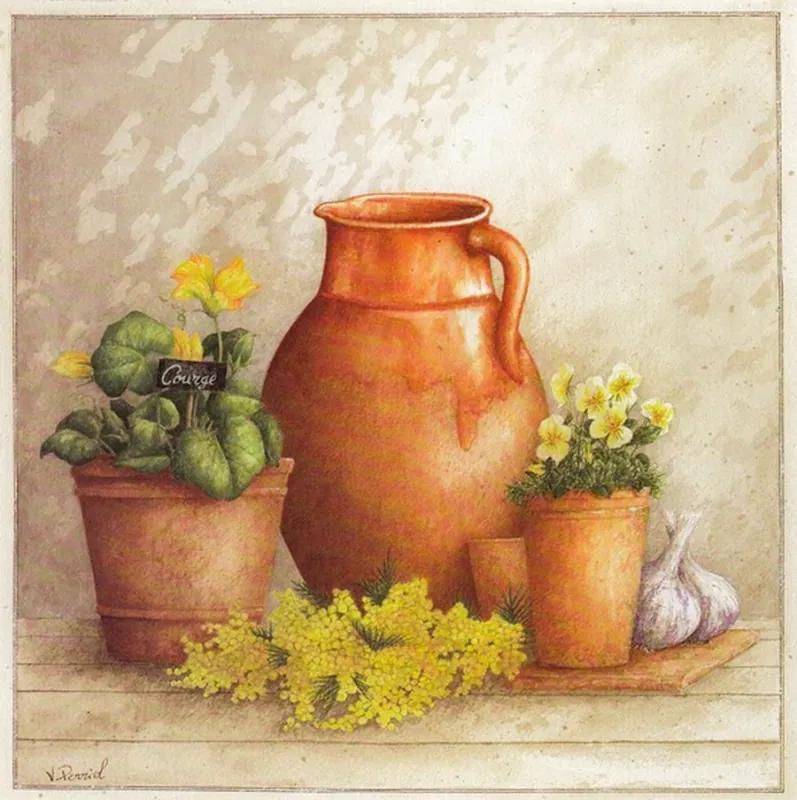 ART-STYLE Obrázek 20x20, džbán &amp; květiny, rám bílý s patinou