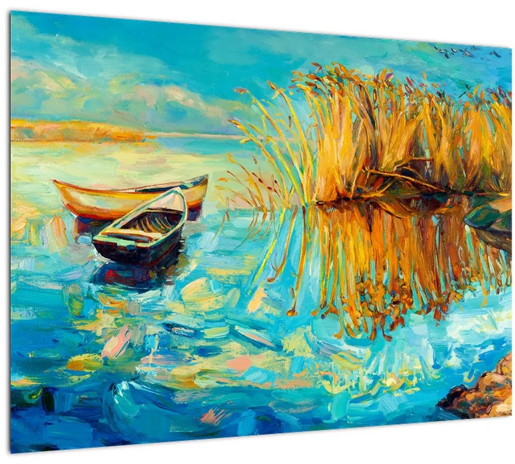 Skleněný obraz - Jezero s loďkami (70x50 cm)