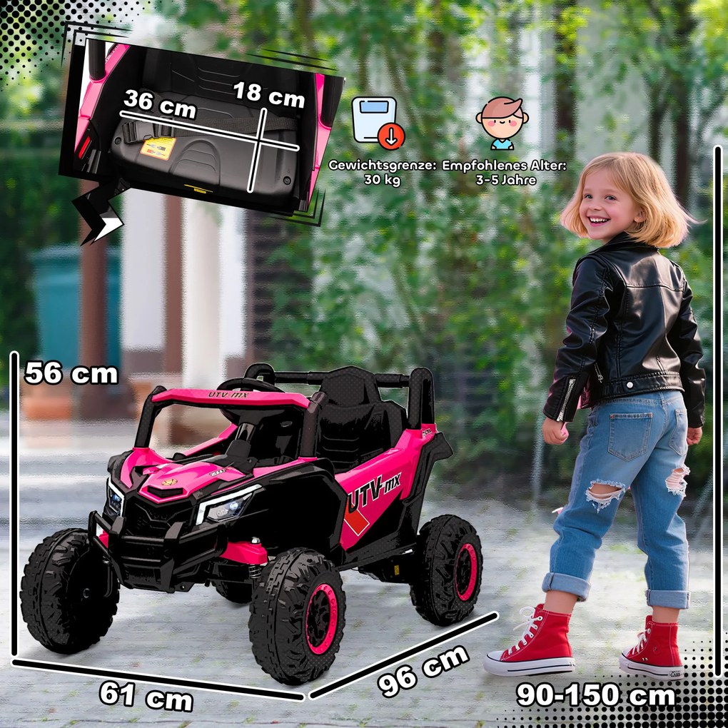 AIYAPLAY 12V elektroauto pro děti, funkce dálkového ovládání, pás, klakson, LED světla, USB port, pro 3-5 let, Růžová