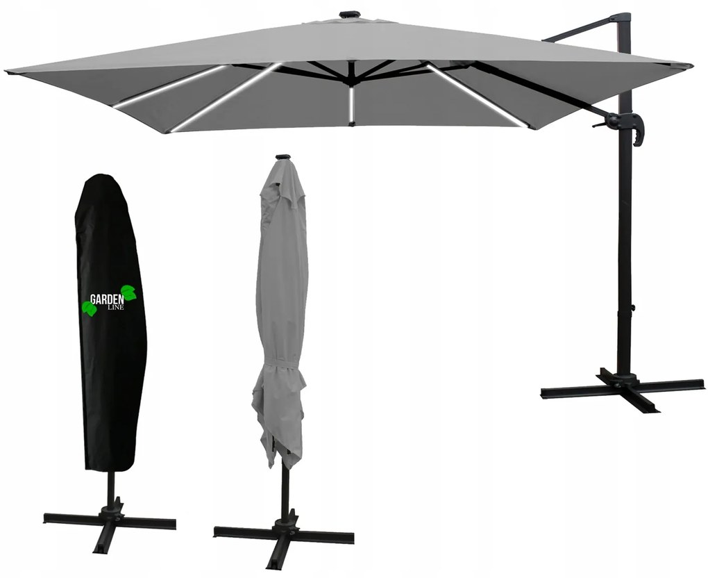 Zahradní slunečník s ochranným obalem a LED osvětlením ROMA 300 x 400 cm šedý