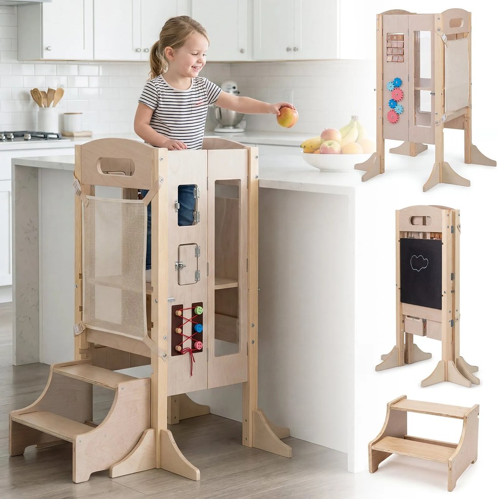 Costway Skládací výuková věž 3 ve výukové židli 1 Montessori s tabulí, ochranou