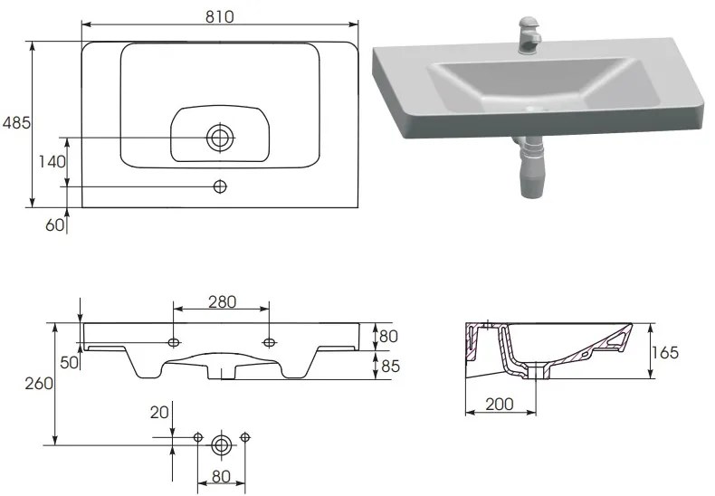 Cersanit Mille - skříňkové umyvadlo 81x49cm, bílá, K675-003