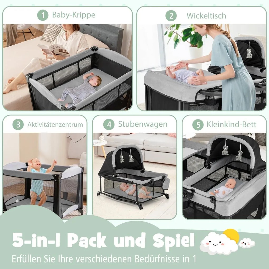 Costway Přenosná 5-in-1 dětská postýlka s cestovní postýlkou a kolébkou