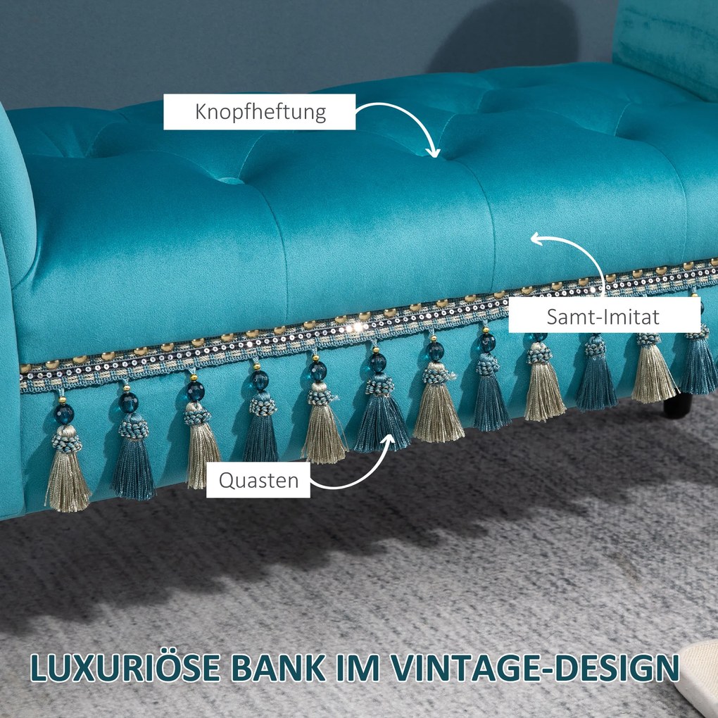 HOMCOM Čalouněná lavice, Sametový vzhled, Luxusní lavice s dřevěnými nohami, Chodní lavice do ložnice, nosnost až 150 kg, Modrá, 117 x 40 x 58 cm