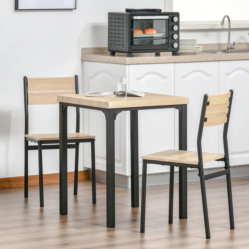 HOMCOM 3-dílný jídelní set s dřevěným stolem MDF + kov, přírodní dřevodekor + černá, 1 stůl + 2 židle| Aosom
