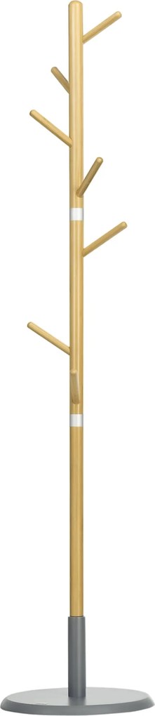 HOMCOM Bambusový odkladač kabátů volně stojící s 8 háčky na zavěšení oblečení a tašek, tvar stromu Ø37,8x175,6 cm, přírodní a šedý | Aosom