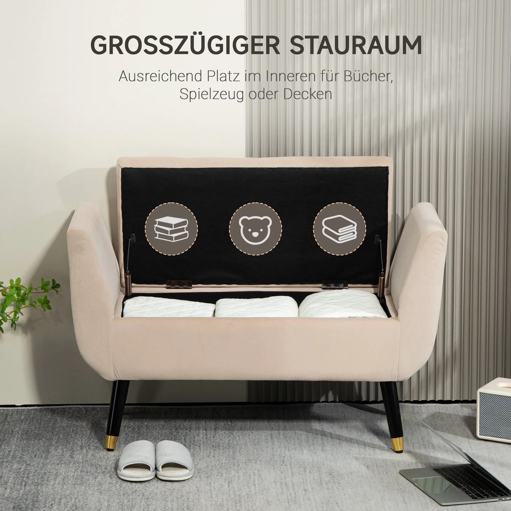 HOMCOM Luxusní sedací lavice Čalouněná lavice s úložným prostorem Područky Truhlicová lavice Sametový polyester kaučukovník Béžová 107 x 42 x 65 cm
