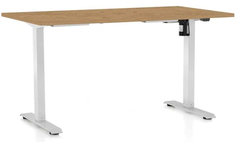Výškově nastavitelný stůl OfficeTech A, 140 x 80 cm, bílá podnož, dub kamenný