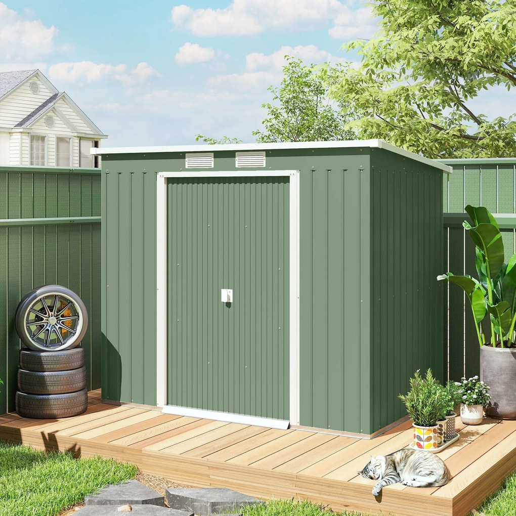 Outsunny Nástrojová Kůlna 2,42 m² - Zahradní Dům s Ventilačním Oknem a Posuvnými Dveřmi, 213 x 130 x 159/172 cm, Kůlna z Pozinkované Oceli, Voděodoln…