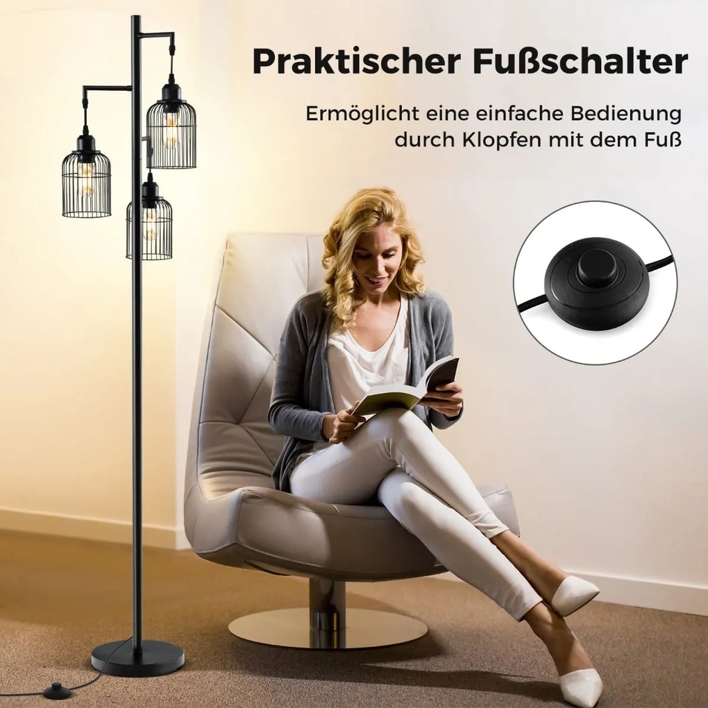 Costway Moderní stojací lampa 169 cm průmyslová stojací lampa s 3 stínidla nožní