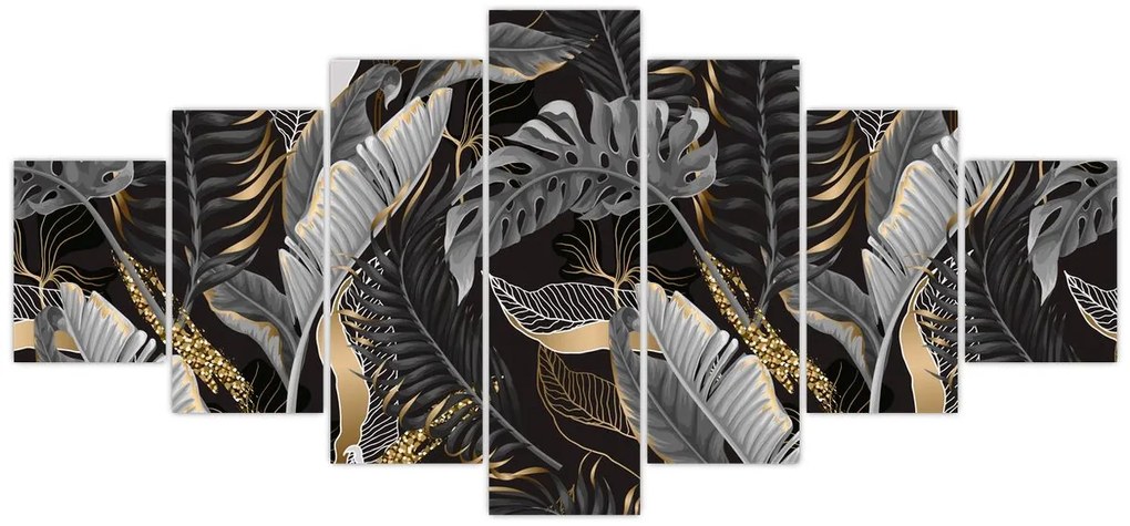 Obraz - Tropické listy v černo-zlaté (210x100 cm)