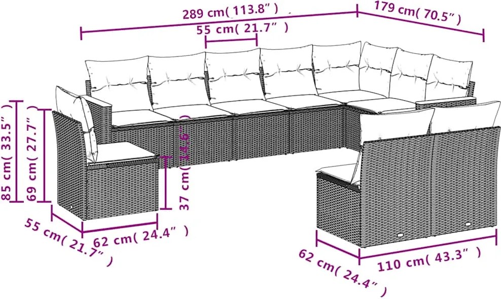 10dílná zahradní sedací souprava s poduškami černá polyratan 3226069