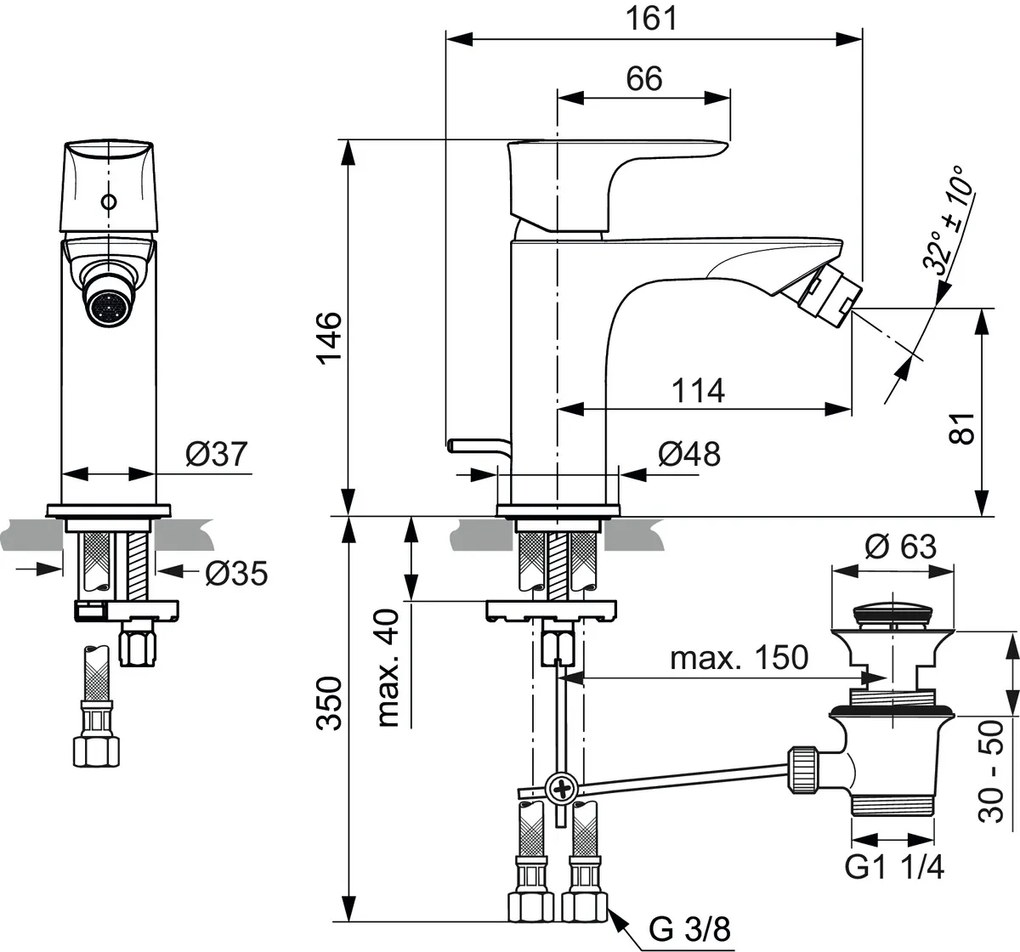 Ideal Standard Connect Air - Bidetová baterie s odtokovou garniturou, ušlechtilá ocel A7030GN