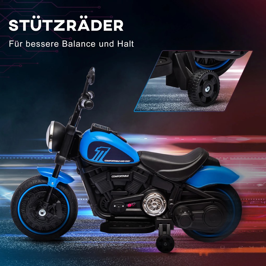 HOMCOM Dětská Elektrická Motorka s 2 Odnímatelnými Tréninkovými Koly, Rychlost 3 km/h, Pro Děti 1,5-3 Rocy, Modrá 76 x 42 x 57 cm