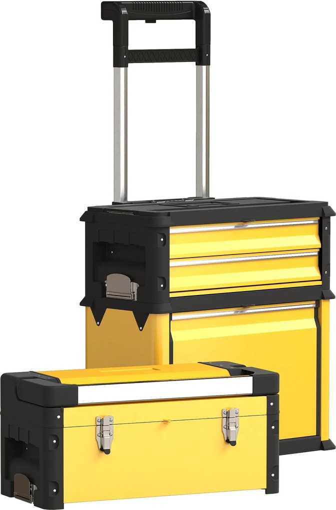 HOMCOM Mobilní Stohovatelná Toolbox 3-in-1 s Kolečky, Ocelový Nástrojový Vozík s Telescopickou Rukojetí, Žlutá a Černá | Aosom