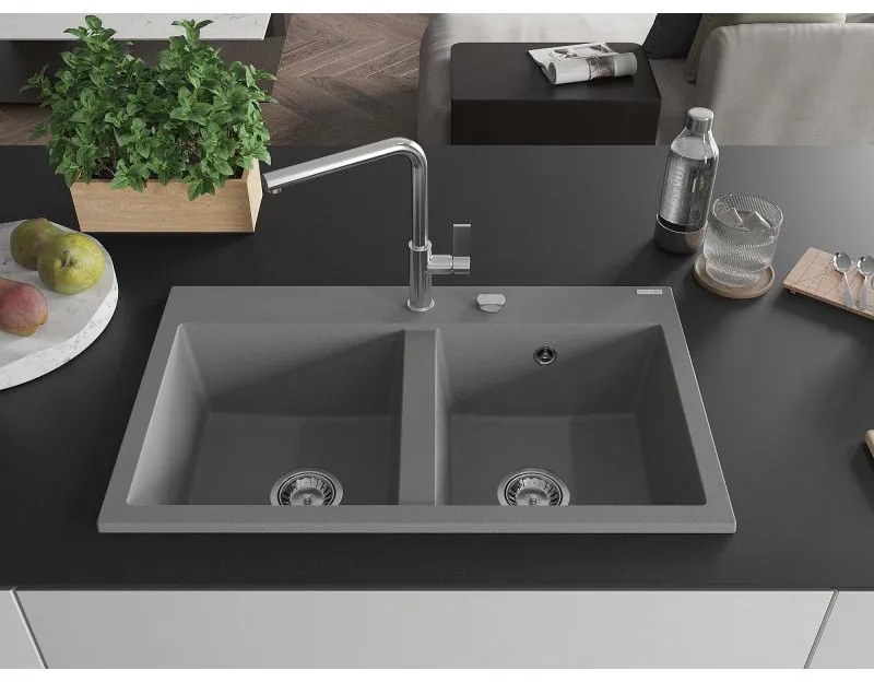 Mexen Hektor, 2-komorový granitový dřez 800x480x205 mm, šedá, chromový sifon, 6521802000-71