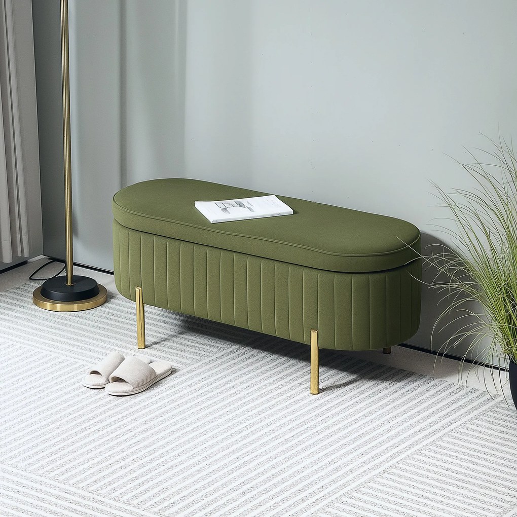 HOMCOM Oválná úložná lavice 72L s výklopným víkem a rýhovaným designem, moderní sametová tkanina a borovicové dřevo, 108x44x43,5 cm, tmavě zelená