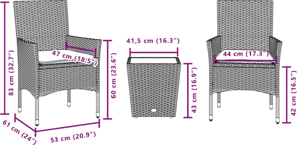 3dílný bistro set s poduškami šedý polyratan a sklo 3278742
