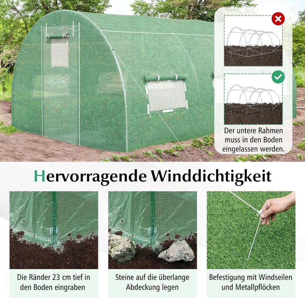 Costway Skleník |12 m² fóliovník s kovovým rámem skleník s 6 rolovacími okny
