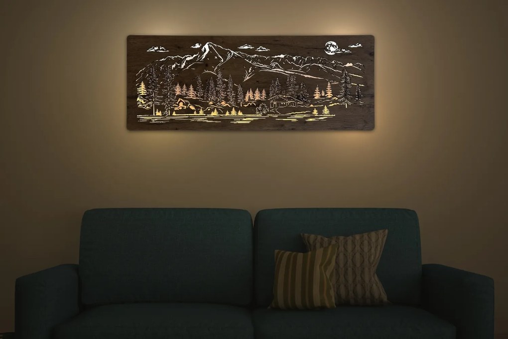 Li-Go "Chata v horách" světelný obraz s baterií 130x50cm varianta: ovládání na obraze bez dálkového ovladače, provedení: dub světlý
