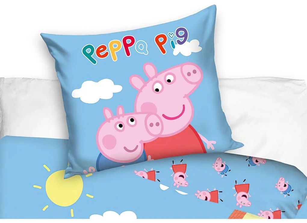 Carbotex Dětské povlečení do postýlky PRASÁTKO PEPINA (PEPPA) RODINNÁ ZÁBAVA, modro-zelené, bavlna hladká, 100x135cm + 40x60cm