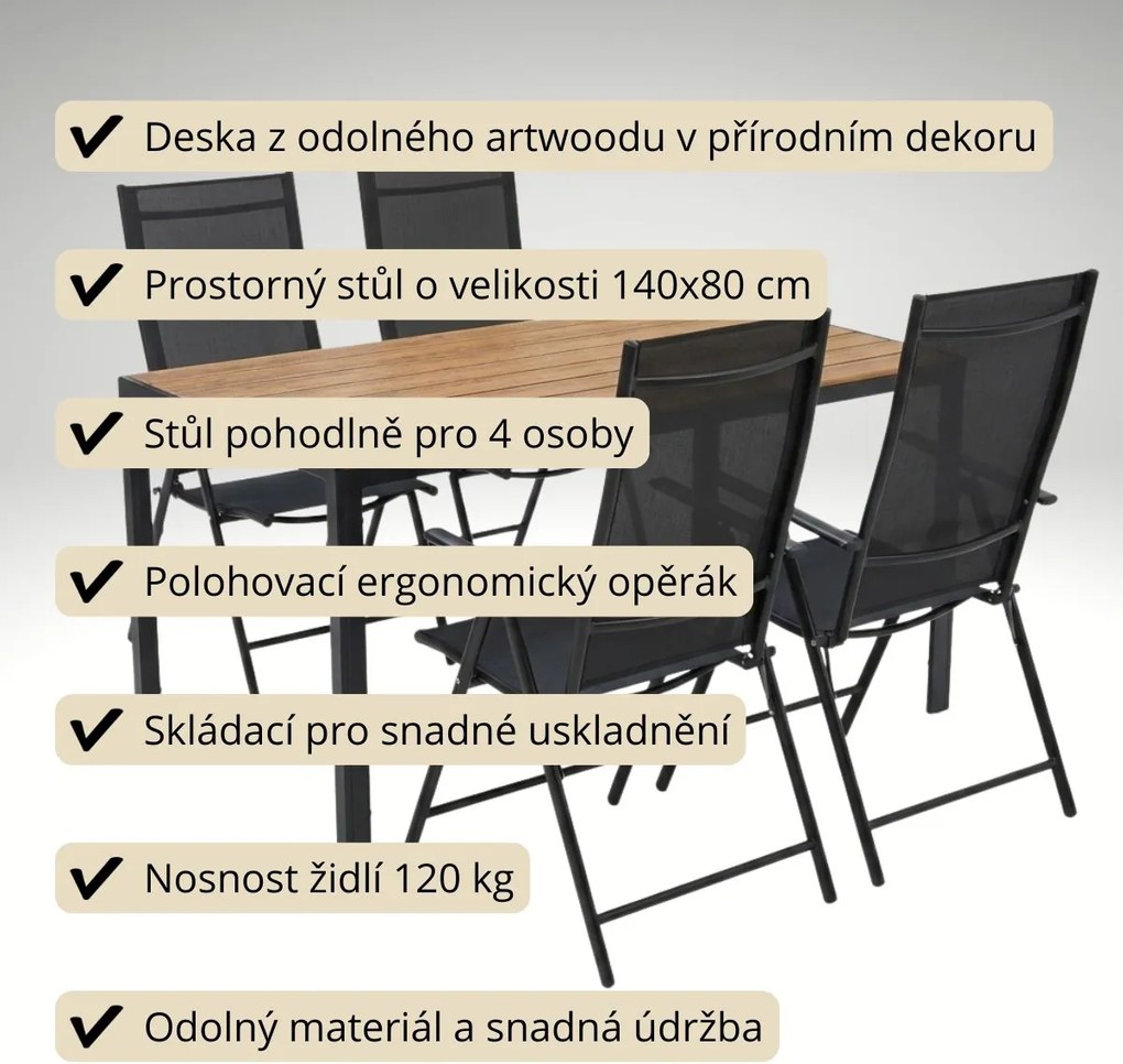 Vikio Zahradní set 140x80 pro 4 osoby skládací židle V134-P2 přírodní