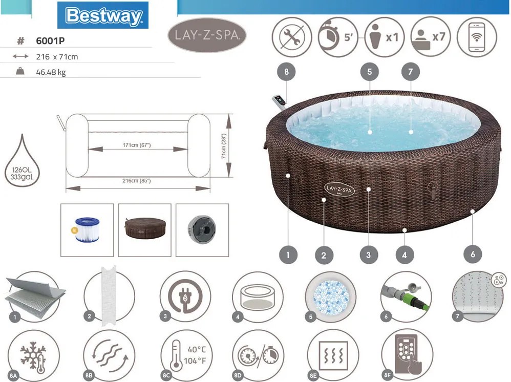 Bestway Vířivka BALI Smart 7 Wifi, hydromasáž, pro 5-7 osob, vestavěné čerpadlo 6001P J-6001P