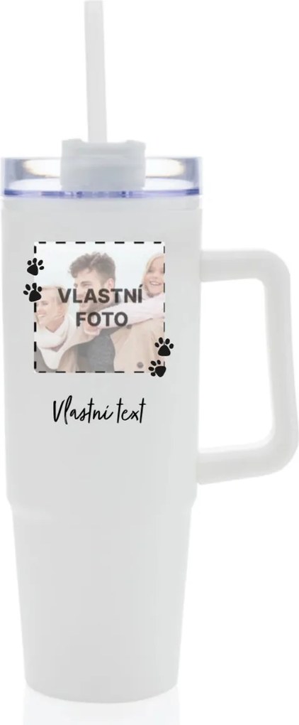 Personalizovaná cestovní termoska s průhledným víčkem s fotkou mazlíčka a textem