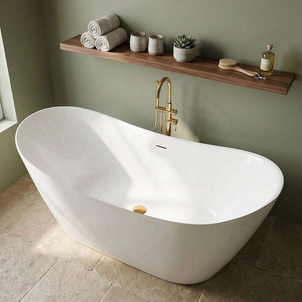 Rea FERRANO Slim, volně stojící vana 1520×730×670 mm, bílá, černá krytka odtoku, KPL-W6080