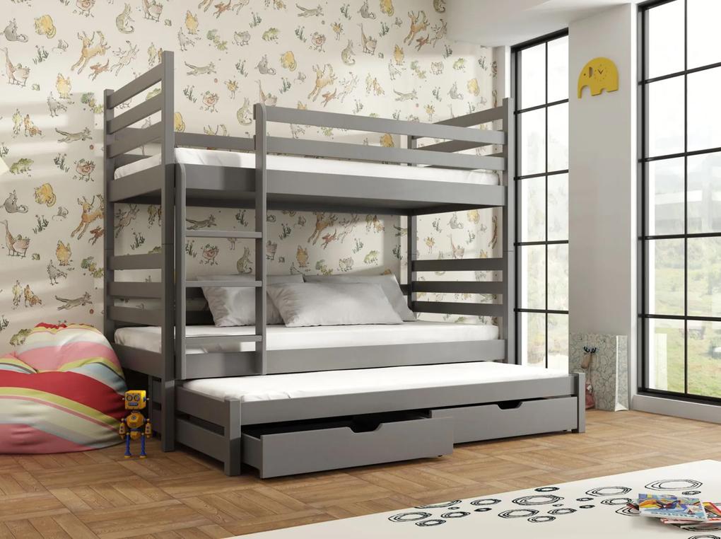 Patrová postel Tomi - trojlůžko 80x180 cm (Š 88 cm, D 188 cm, V 160,5 cm), Grafit, Bílá, 3 ks matrace (2 ks hlavní + 1 ks přistýlka), se zábrankou