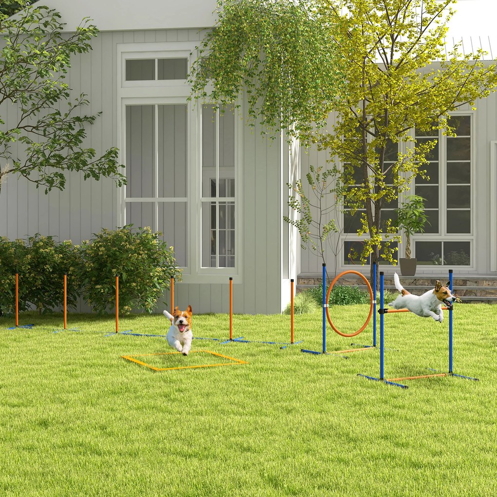 PawHut agility set pro psy se 4 výškově nastavitelnými agility překážkami, tyčemi, break boxem a skákacím kruhem pro efektivní výcvik psů