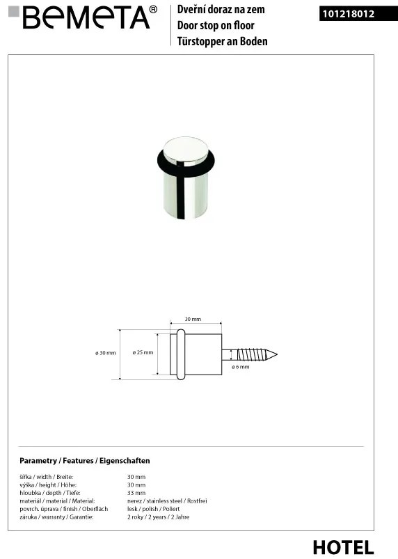 Bemeta Design Dveřní doraz na zem, nerez, lesk -