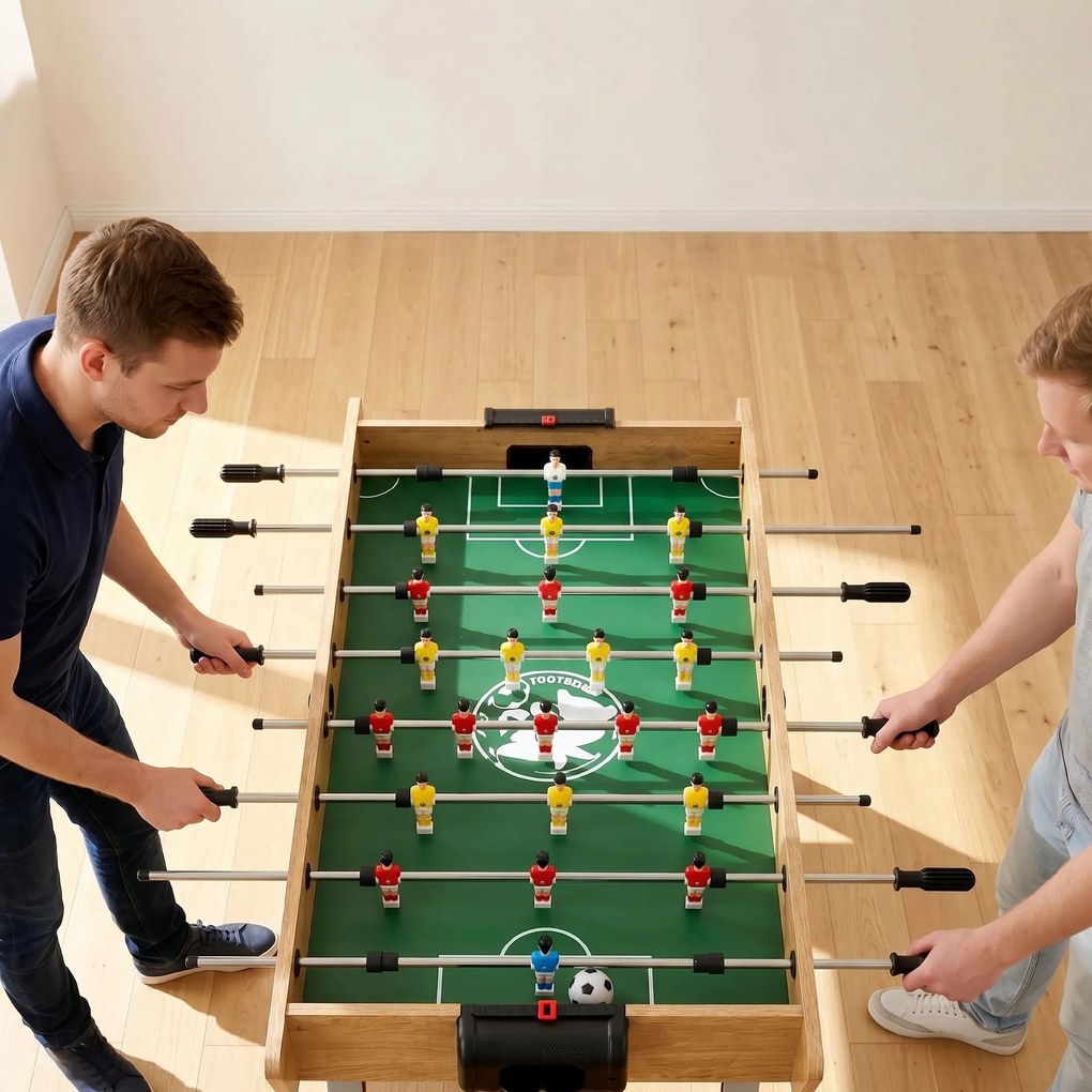 SPORTNOW stolní fotbal s 22 hráči, 2 míčky, protiskluzové rukojeti, počítadla skóre a šikmé nohy — rodinný herní stůl 121 x 87 x 77 cm, přírodní dekor