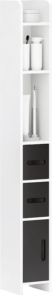 Kleankin koupelnová sloupcová skříň s 3 dvířky, 3 otevřenými policemi a proti-převrhovacím systémem, moderní styl, 15x17x120 cm, bílá a černá | Aosom