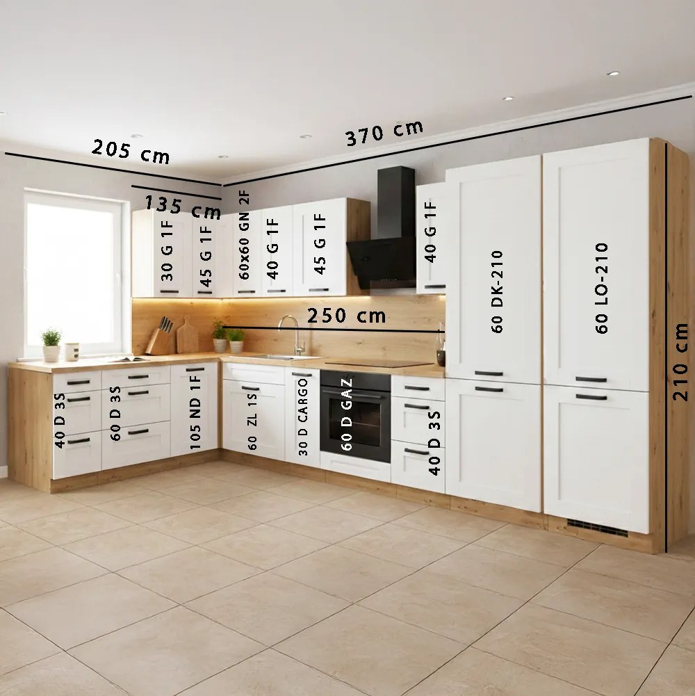 Kuchyňská linka LUNA ab | 205x370 cm | PREMIUM BOX zásuvky | UNI dvířka | artisan/bílá