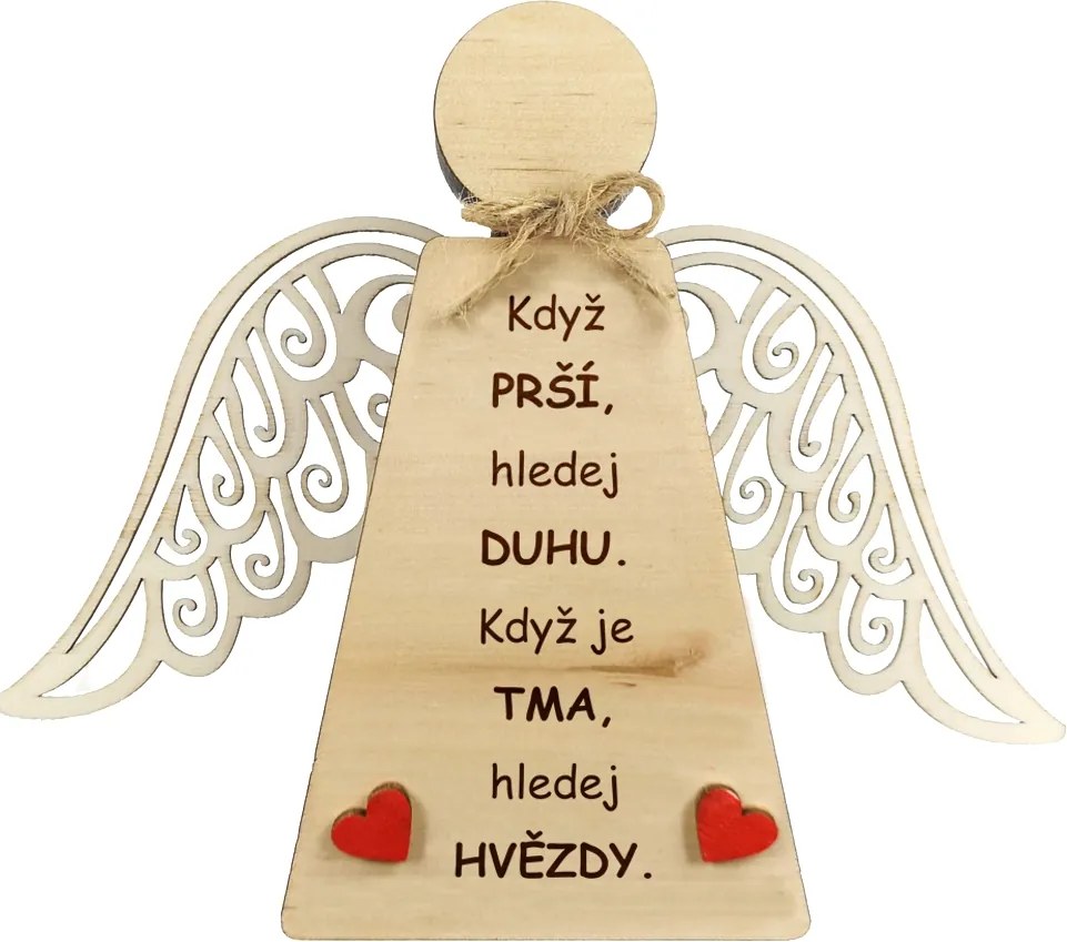 AMADEA Dřevěný anděl stojící s křídly a motivačním textem, masivní dřevo, 18 x 15 cm