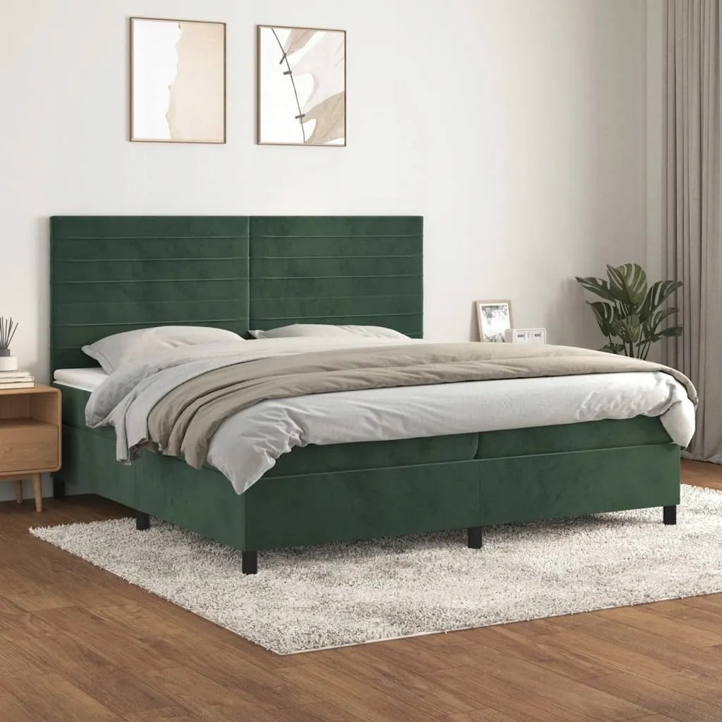 Box Spring Postel S Matrací Samet Tmavě Zelená vodorovné pruhy 200 x 200