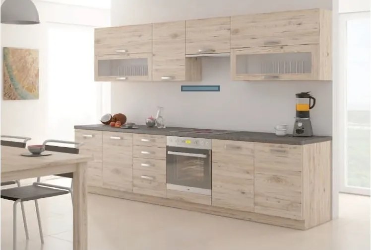Nábytek Elegance Kuchyňská linka BORDIA 120/180cm = Dolní skříňky: 80cm dřezová, 40cm zásuvková, Horní skříňky: 80cm prosklená, 40cm dvířka, 60cm digestořová