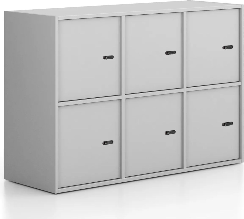 Kancelářská skříň FRAME, nízká, 6x dveře, 1299 x 450 x 881 mm, mechanický kódový zámek, šedá