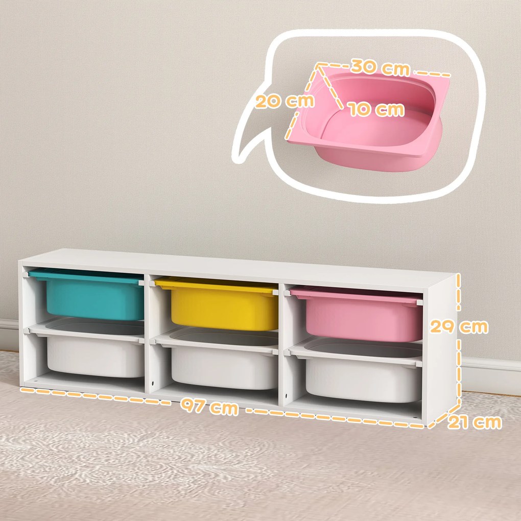 AIYAPLAY dětský úložný regál, 2 úrovně, úložný regál na hračky se 6 vyjímatelnými boxy, 97x21x29 cm, bílá