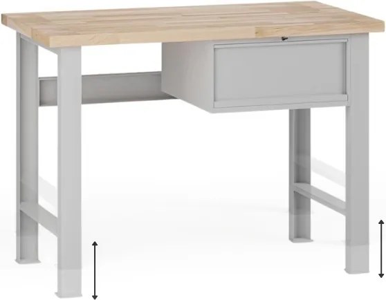 Výškově nastavitelný dílenský stůl G7, buková spárovka, 1200 x 685 x 840-1040 mm, 1x kontejner, 1 zásuvka, šedá