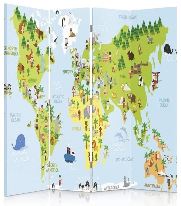 Ozdobný paraván, Mapa světa pro děti - 145x170 cm, čtyřdílný, obustranný paraván 360°