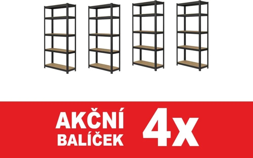 Akce 4x Regál 180x90x40 cm lakovaný 5-policový, nosnost 875 kg - černý
