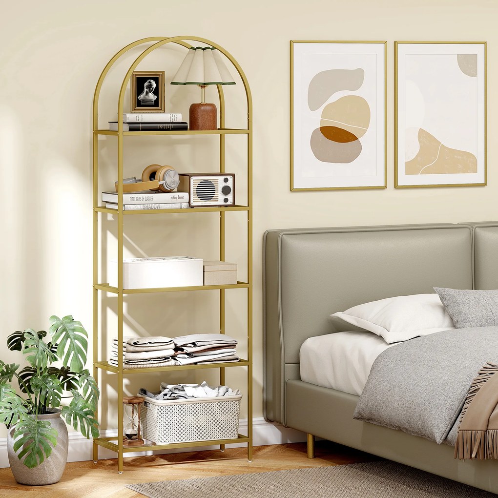 HOMCOM regál s 5 policemi z oceli a tvrzeného skla, 60x30x175 cm, zlatá