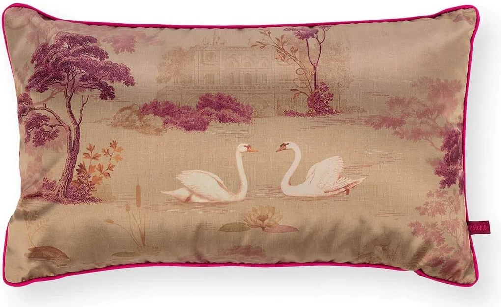 Pip Studio dekorační polštář Darjeeling Days 55 x 33 cm - růžový (Luxusní sametová polštář s motivem labutí)