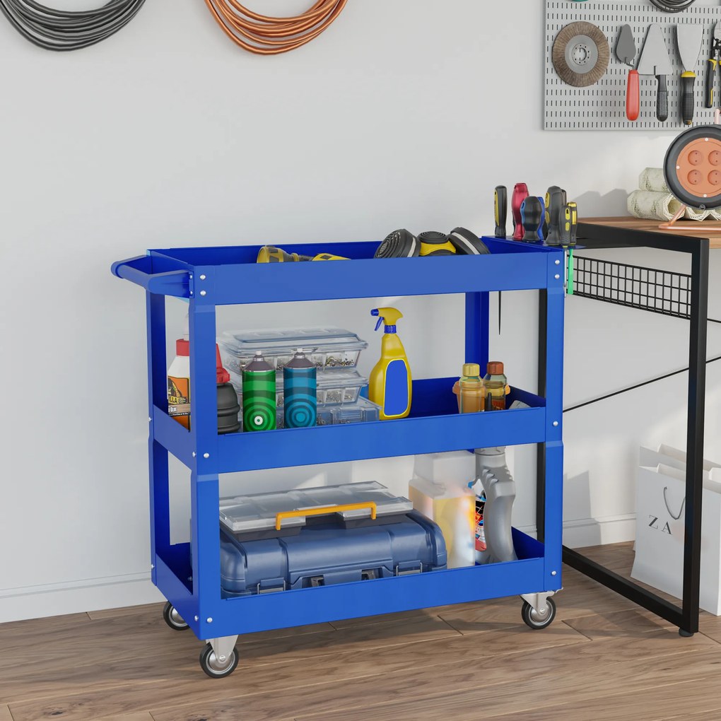 DURHAND Vozík na nářadí s kolečky, ocelový pracovní vozík se 3 policemi a bočním madlem pro domácí mechaniky, nosnost 150 kg, 83x35,3x76 cm, modrý