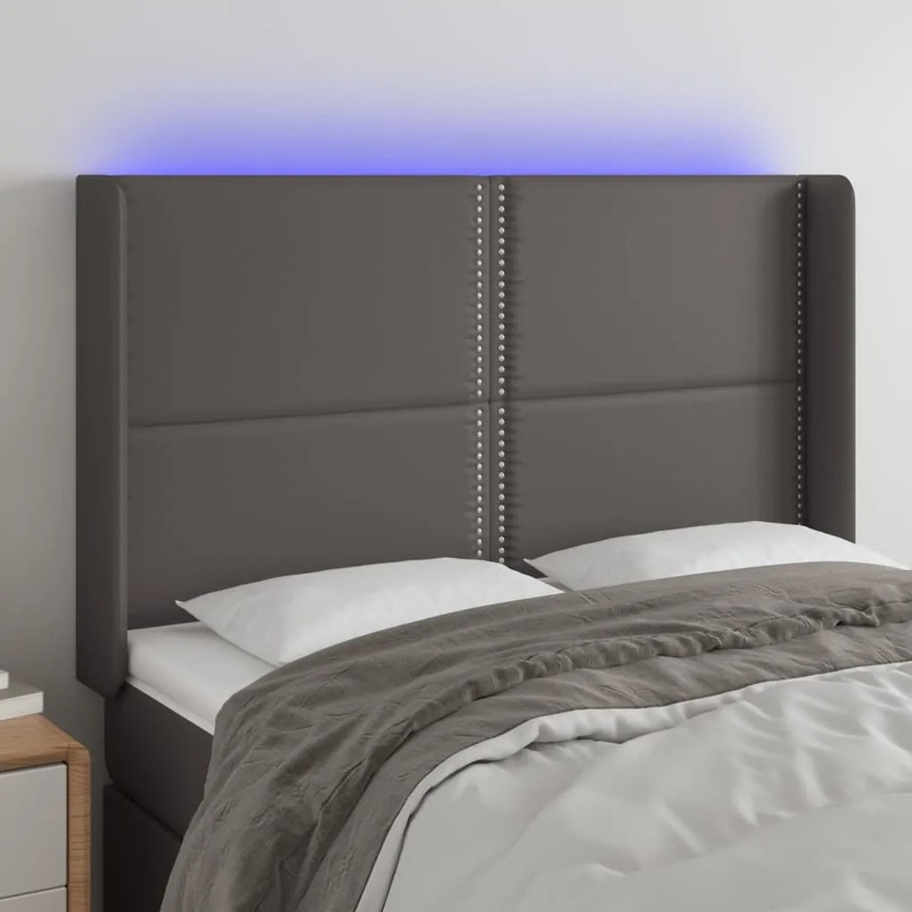 Čelo postele s LED šedé 147 x 16 x 118/128 cm umělá kůže
